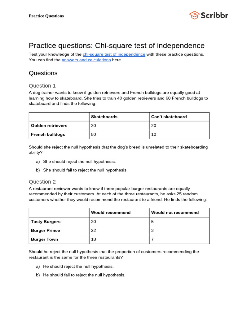 Practice Questions Chi Square Test of Independence | PDF | Chi Squared ...