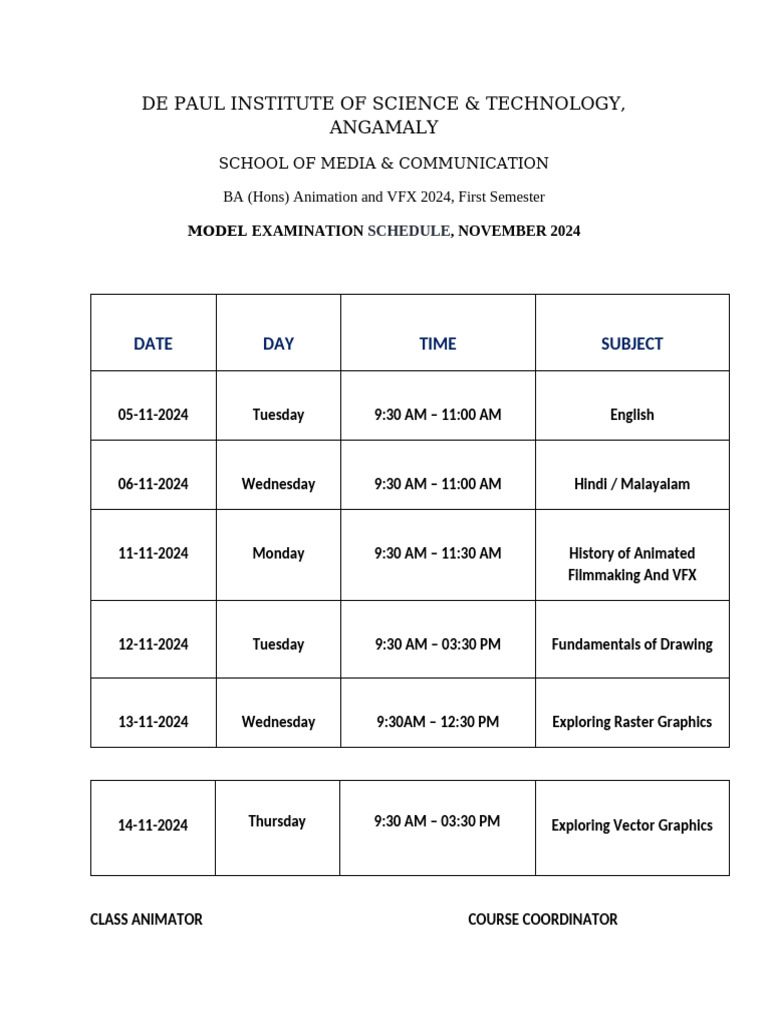 BA AV 24 Sem I Model Internal Exam Timetable | PDF