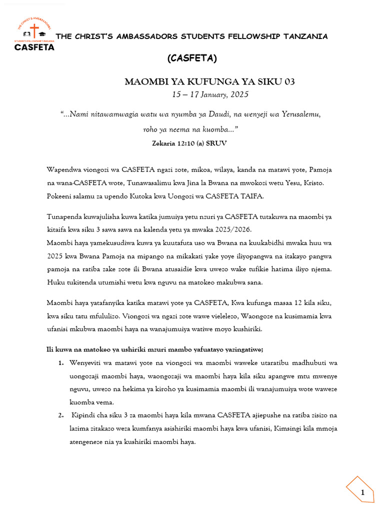 CASFETA TAIFA MAOMBI JAN 2025 | PDF