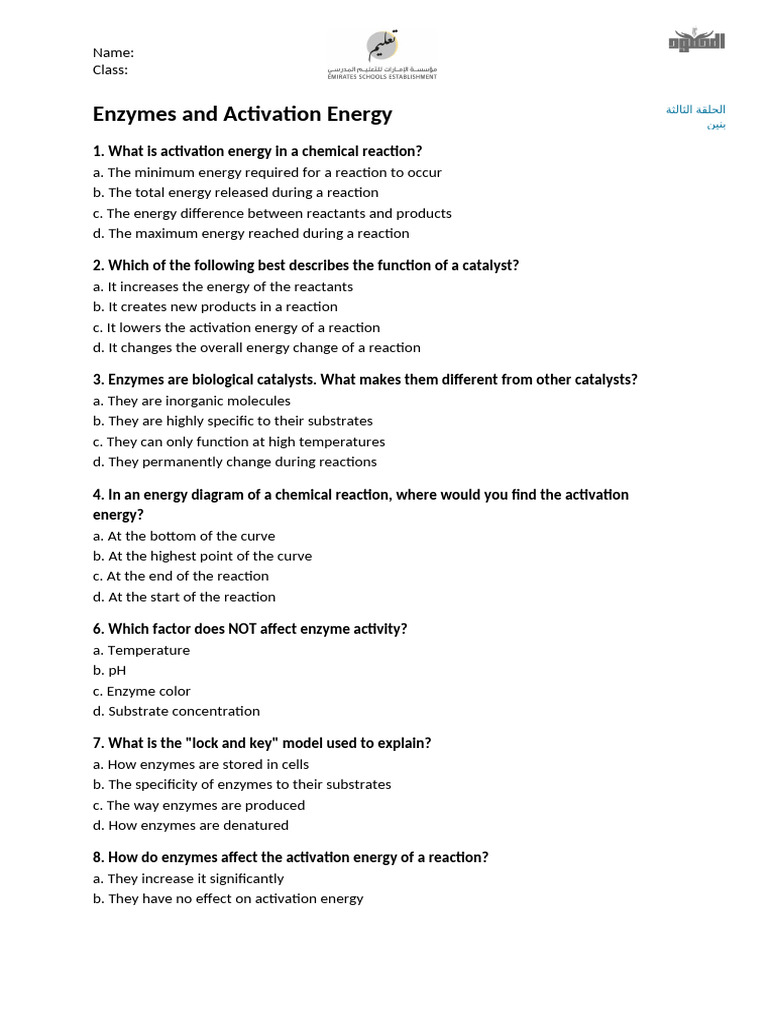 Enzymes quiz 9adv | PDF | Enzyme | Activation Energy