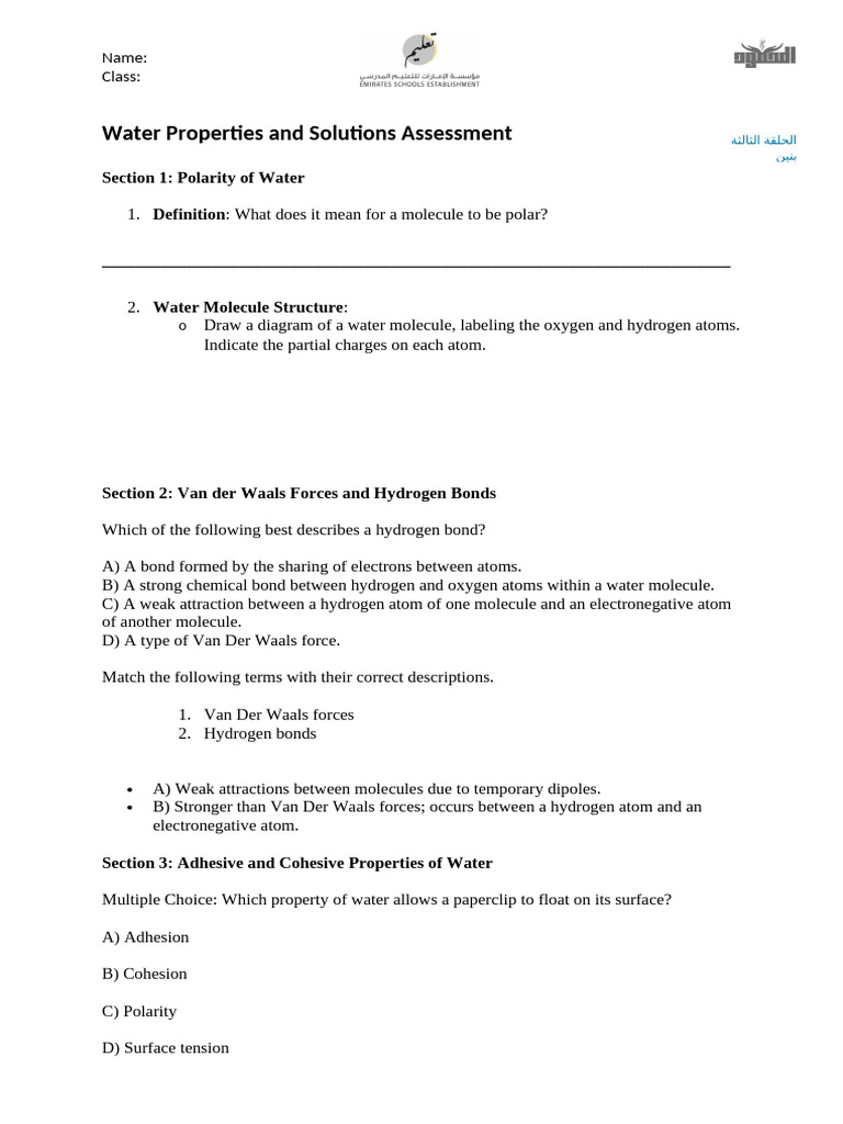 Worksheet Water and Its Solutions 9adv | PDF