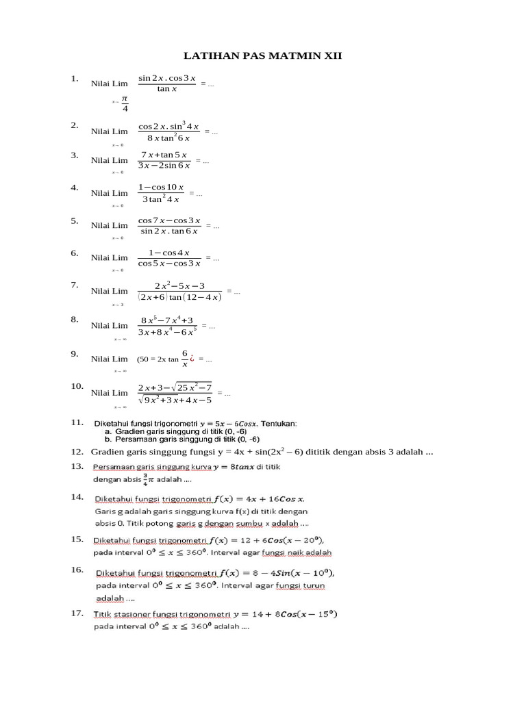 Latihan Pas Matmin Xii | PDF
