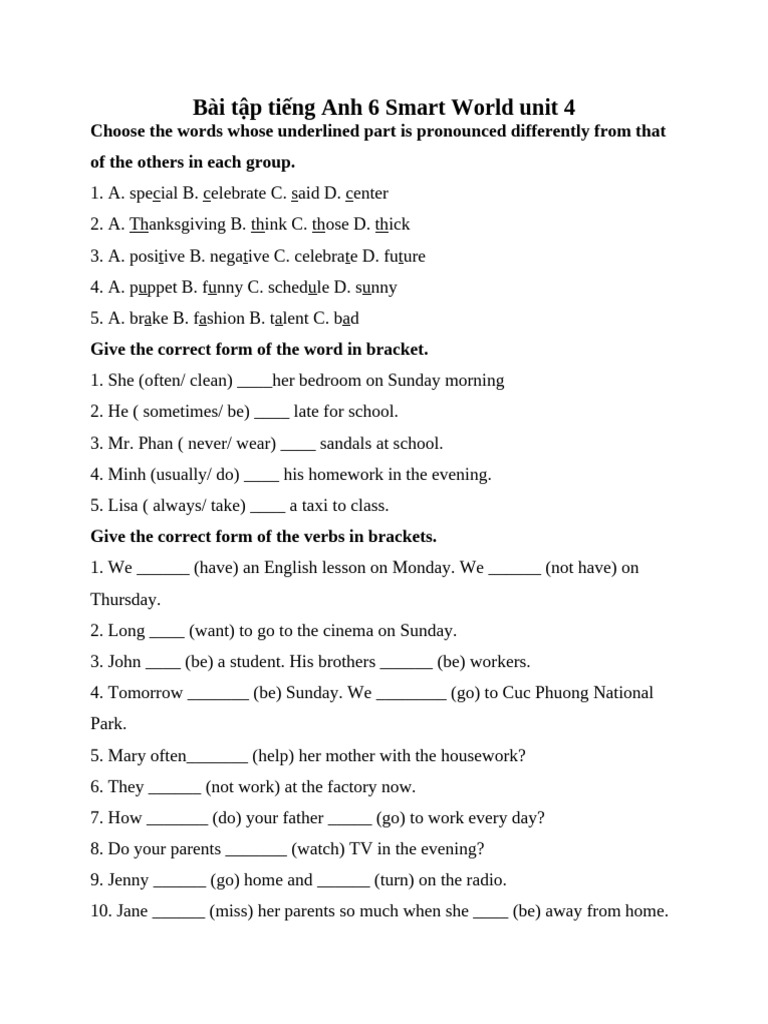 English Exercises for Smart World Unit 4 | PDF