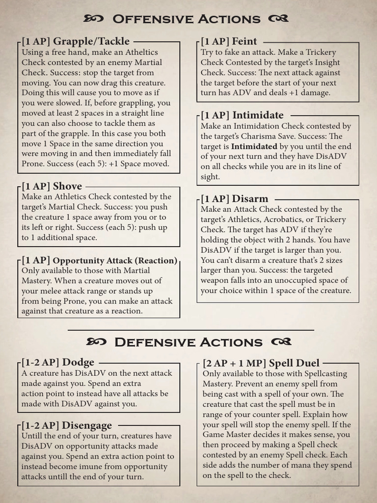 DC 20 Basic Actions Reference Sheet | PDF