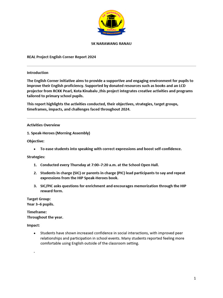 English Corner Report 2024: Activities & Impact | PDF | Public Speaking ...