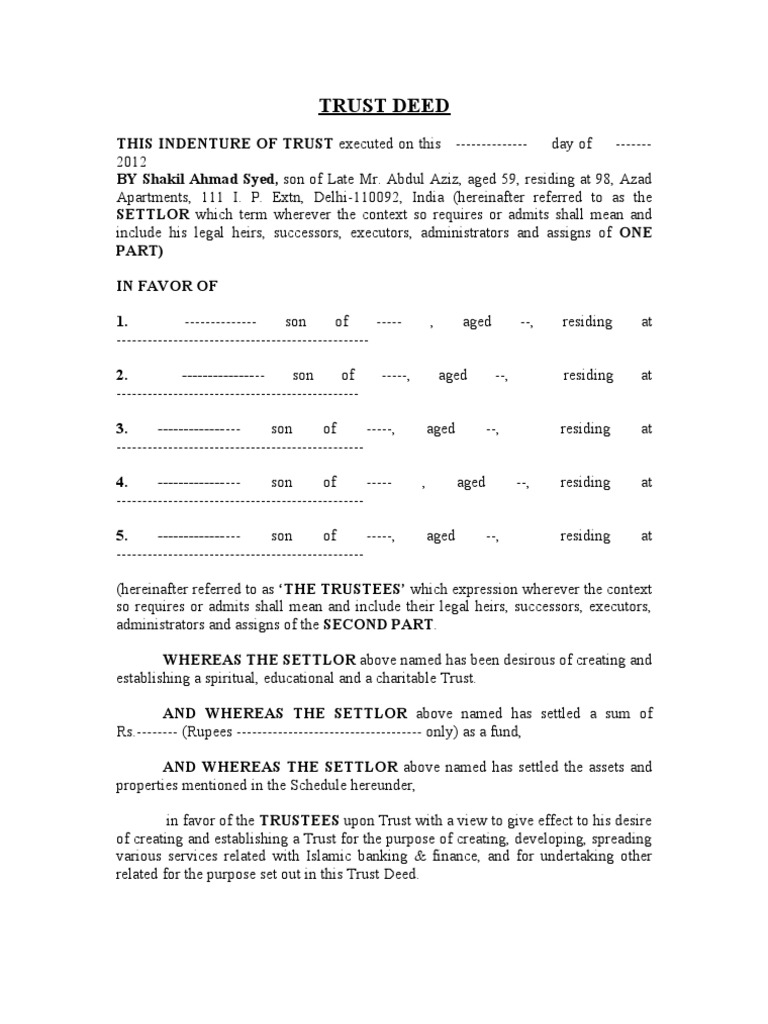 Sample Trust Deed | PDF | Trust Law | Trustee