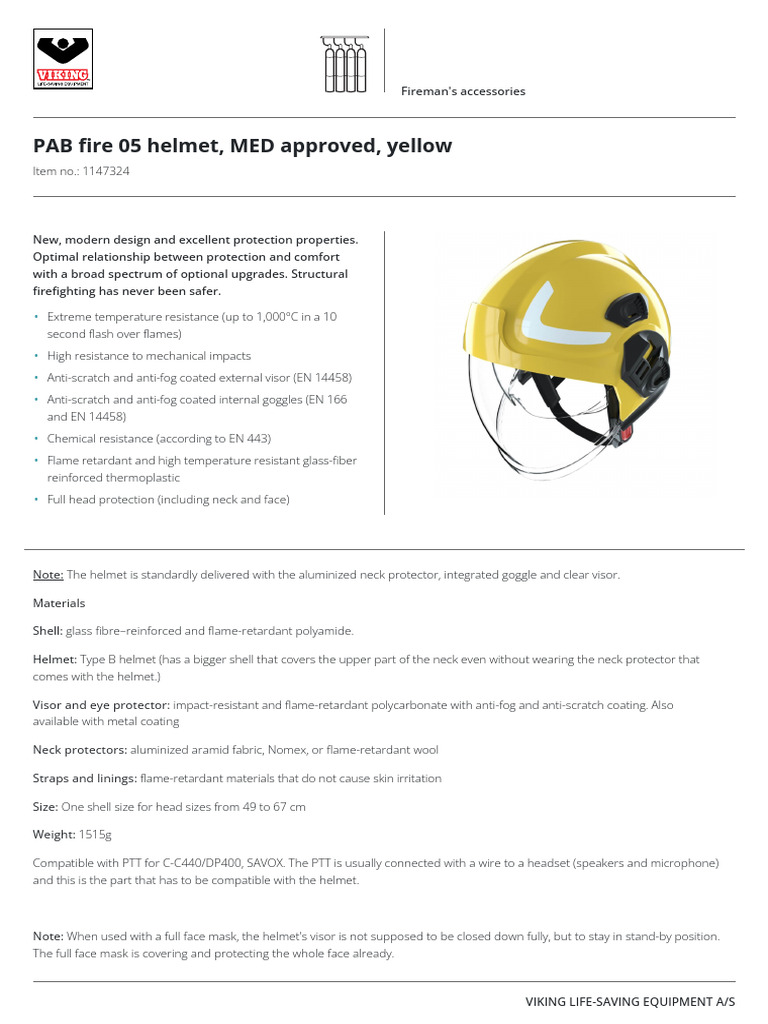 PAB Fire 05 Helmet, MED Approved, Yellow | PDF