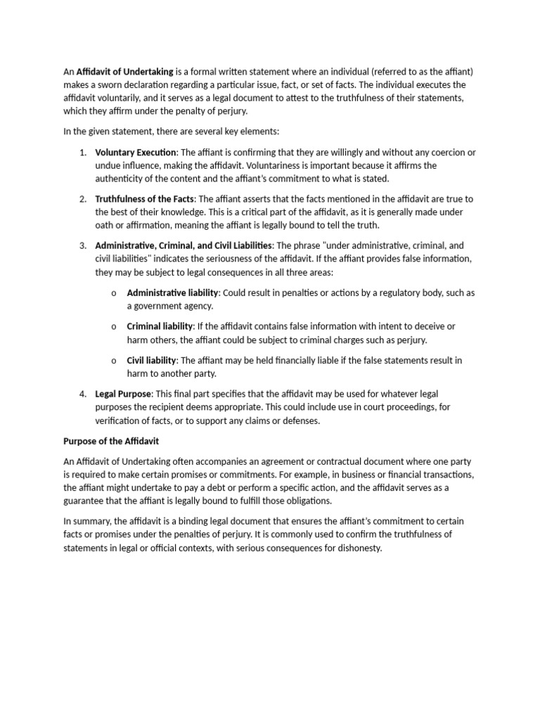 Understanding Affidavit of Undertaking | PDF | Affidavit | Common Law