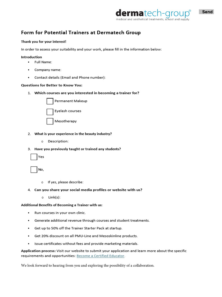 Application Form For Potential Trainers at Dermatech Group - EN | PDF