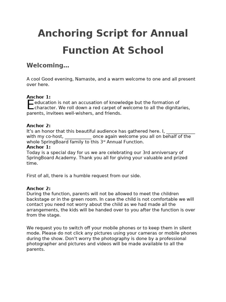 Anchoring Script For Annual Function at School | PDF
