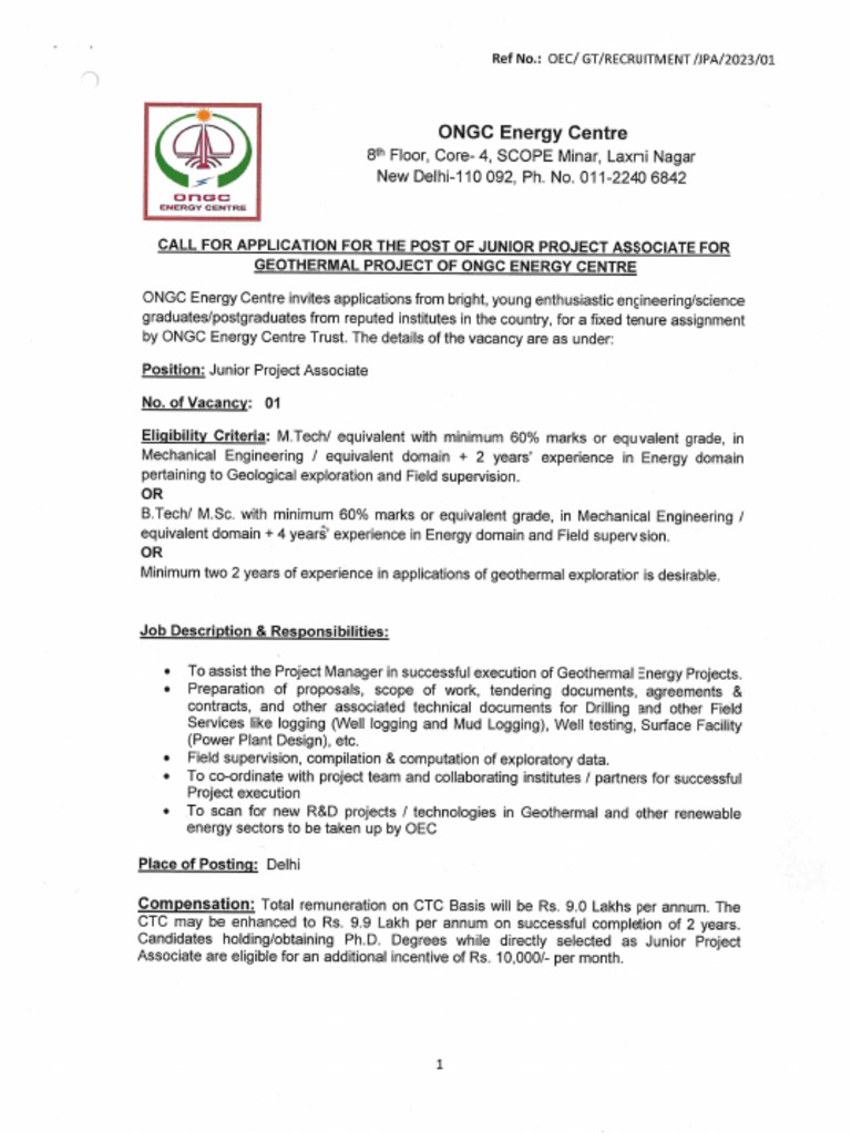 ONGC Junior Project Associate Post Notification and Application Form | PDF