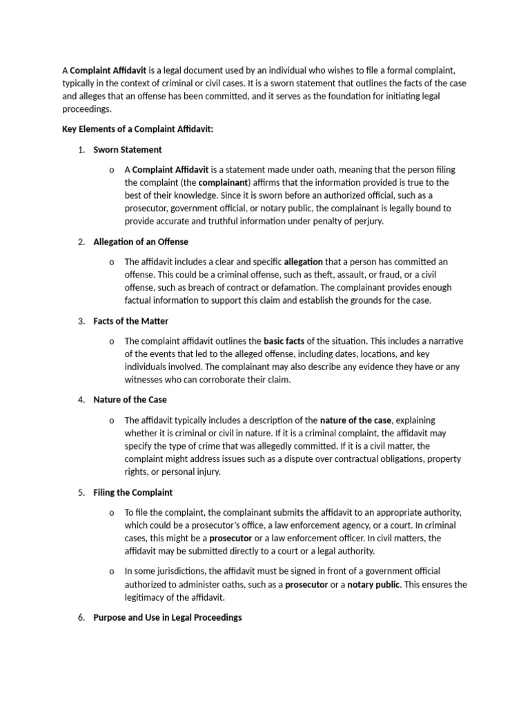 A Complaint Affidavit Is A Legal Document Used by An Individual Who ...
