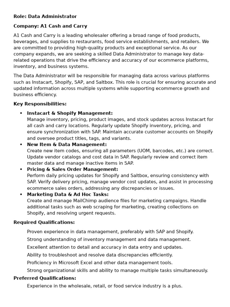 JD - Data Administrator Rev | PDF | Inventory | Pricing