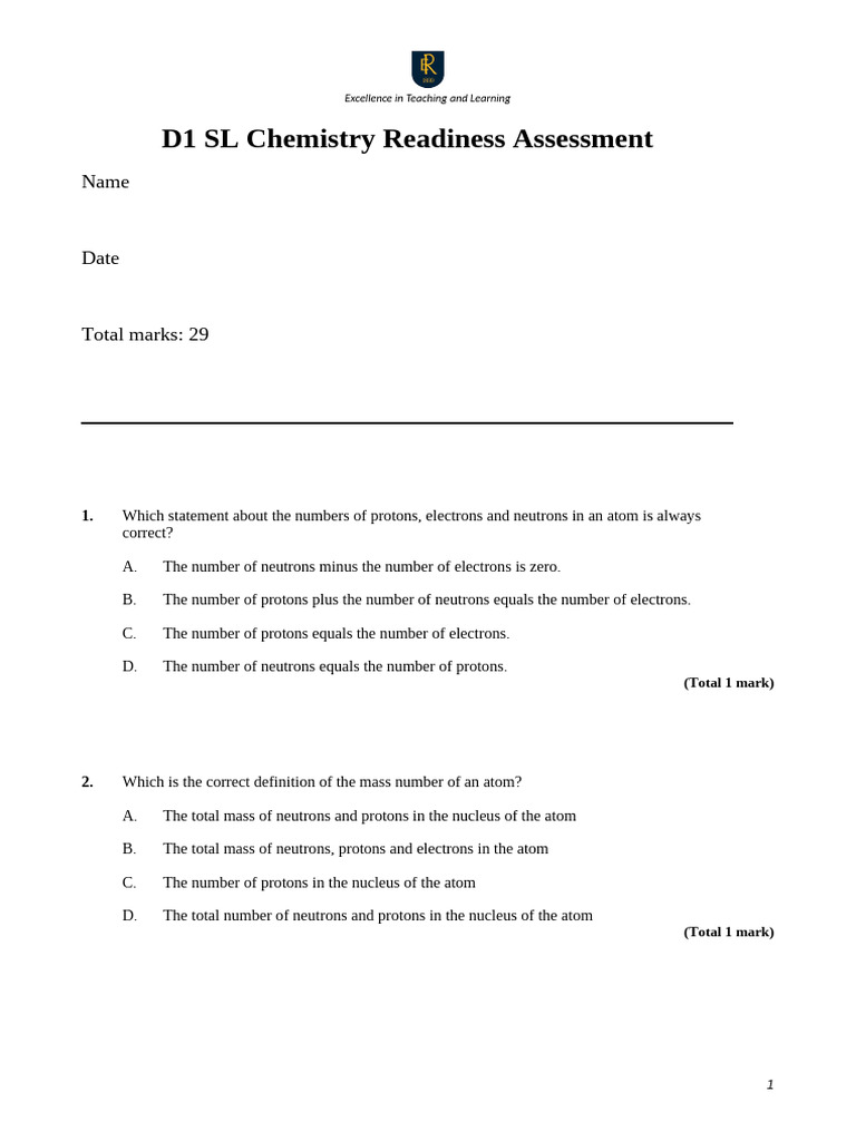 D1 Chemistry Readiness Assessment Nov 24 | PDF | Atoms | Isotope
