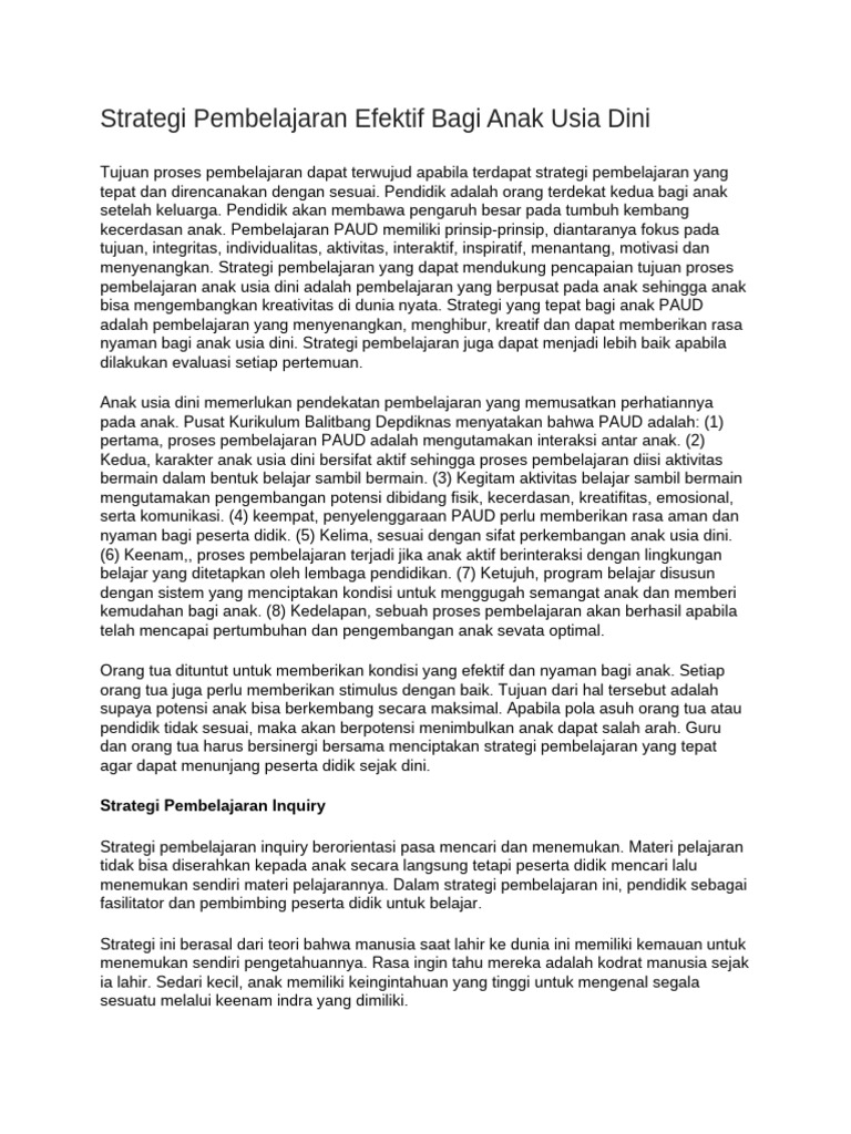 Strategi Pembelajaran Efektif Bagi Anak Usia Dini | PDF