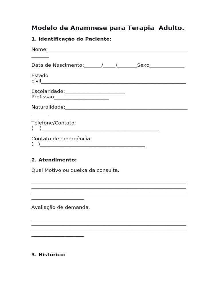 Modelo de Anamnese para Terapia Adulto | PDF | Ansiedade | Saúde mental