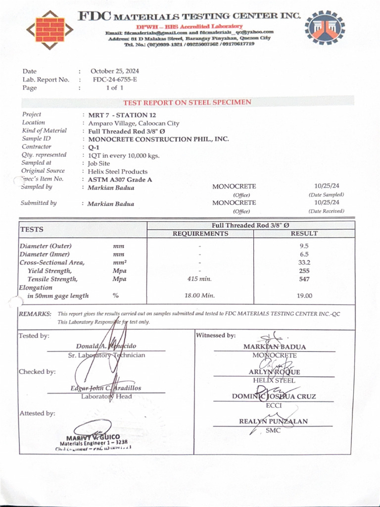 Test Report Helix Full Threaded Rod 3 - 8" | PDF