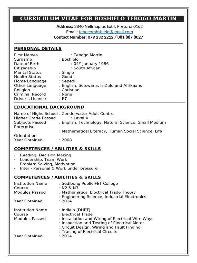 Boshielo Tebogo Martin CV | PDF