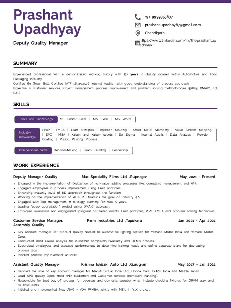 Resume Prashant Upadhyay | PDF | Six Sigma | Business