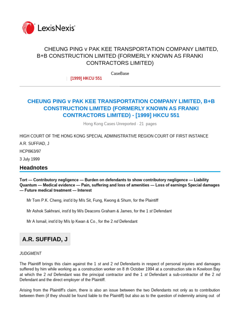 Cheung Ping v Pak Kee Transportation Case | PDF | Negligence | Legal ...