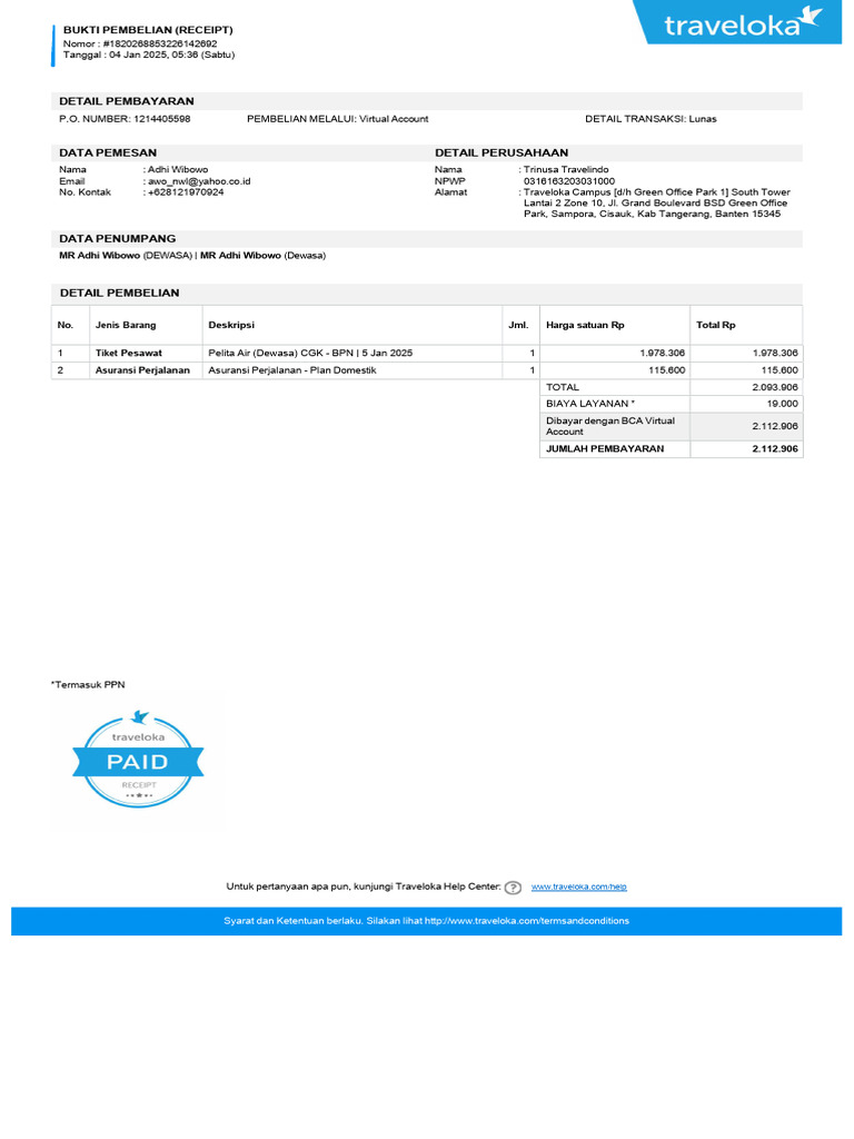 Receipt Tiket CGK - BPN . | PDF