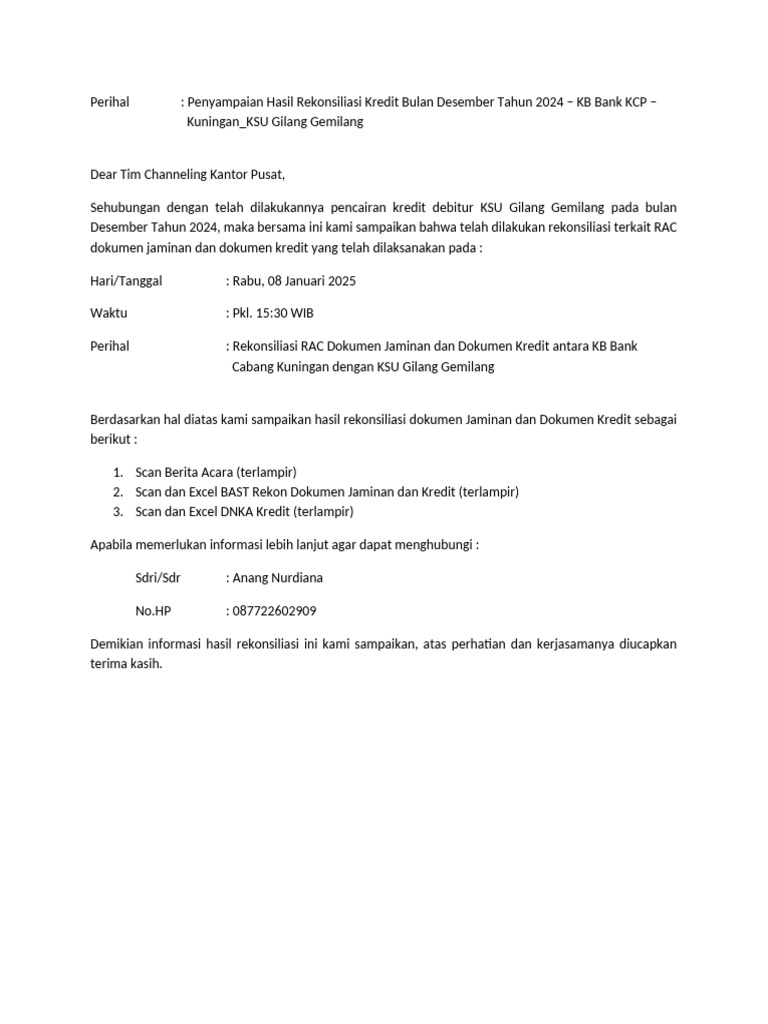 FORMAT PENGIRIMAN EMAIL HASIL REKONSILIASI DOKUMEN JAMINAN DAN DOKUMEN KREDIT - KCP Kuningan | PDF