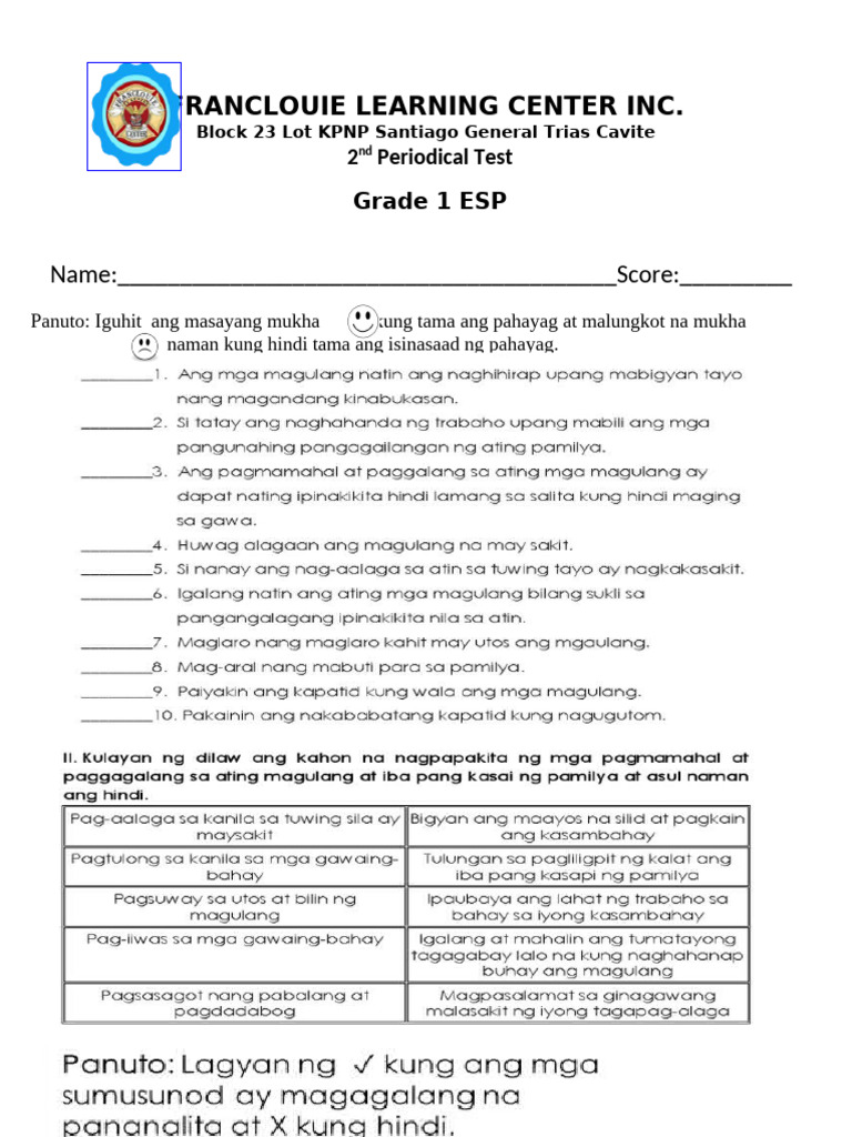 ESP Grade1 2nd Periodic Test | PDF