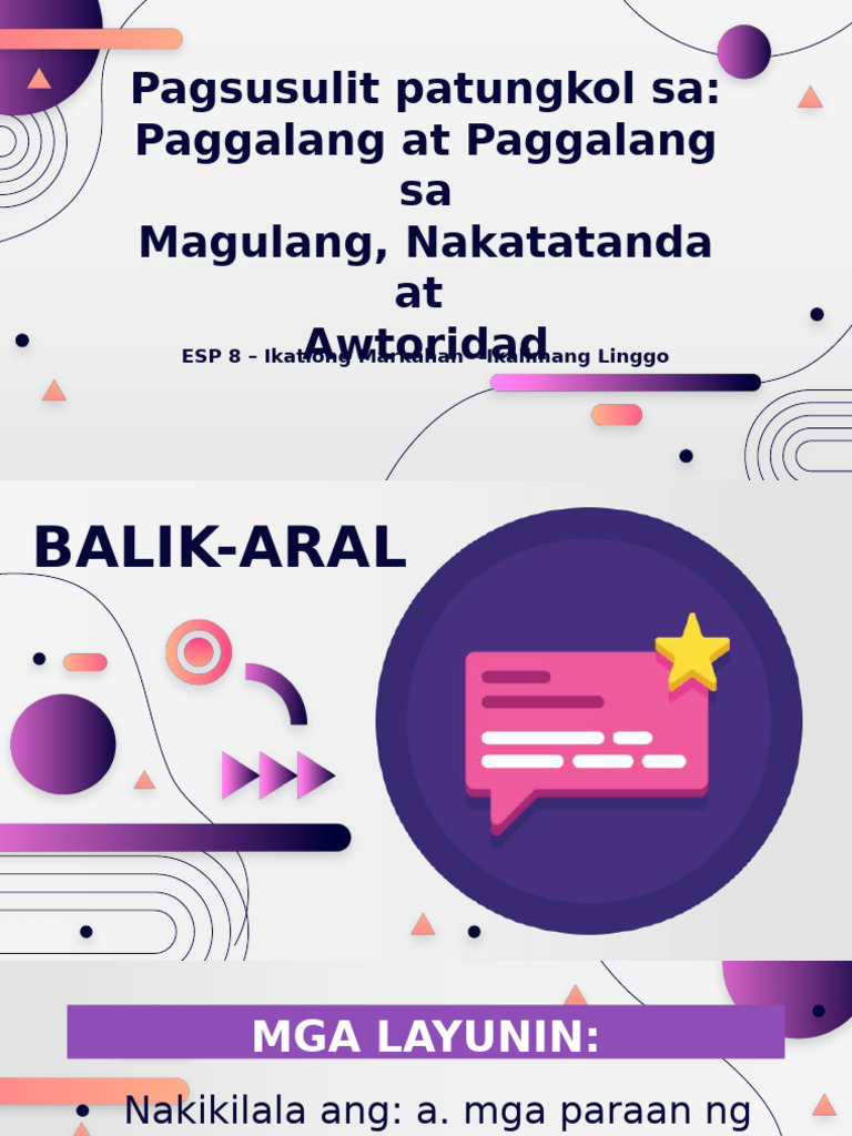 ESP8 - Q3 - W5 - D4 - Q3 - Quiz 5 - Sundin at Igalang - Magulang, Nakatatanda at Awtoridad | PDF