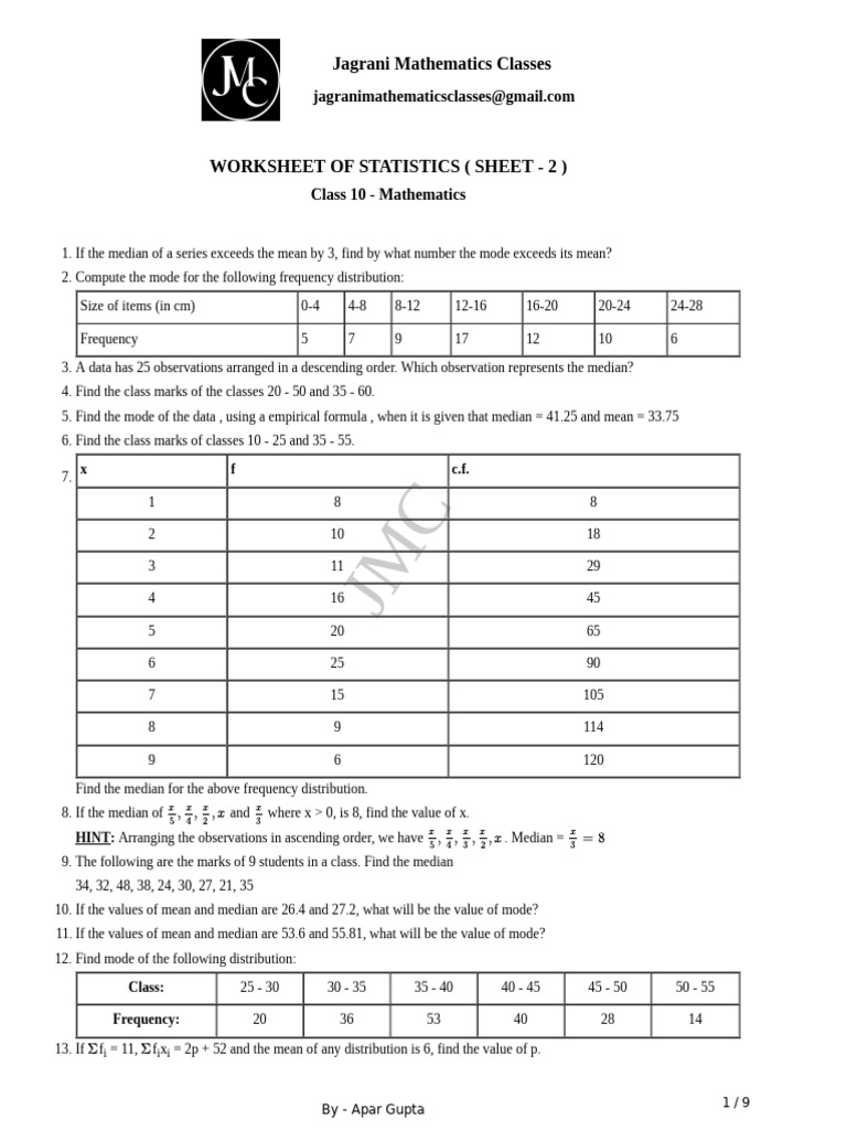 Stats Class 10 | PDF | Mean | Mode (Statistics)