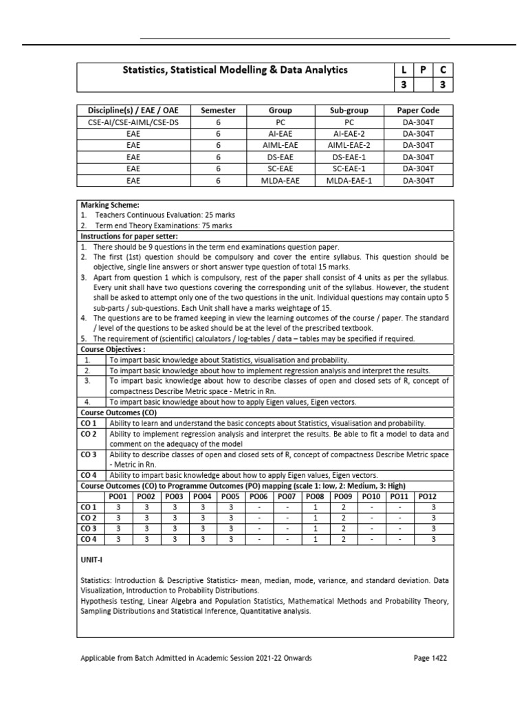 Staistics, Statistical Modelling & Data Analytics SSMDA Syllabus | PDF | Statistics | Regression ...