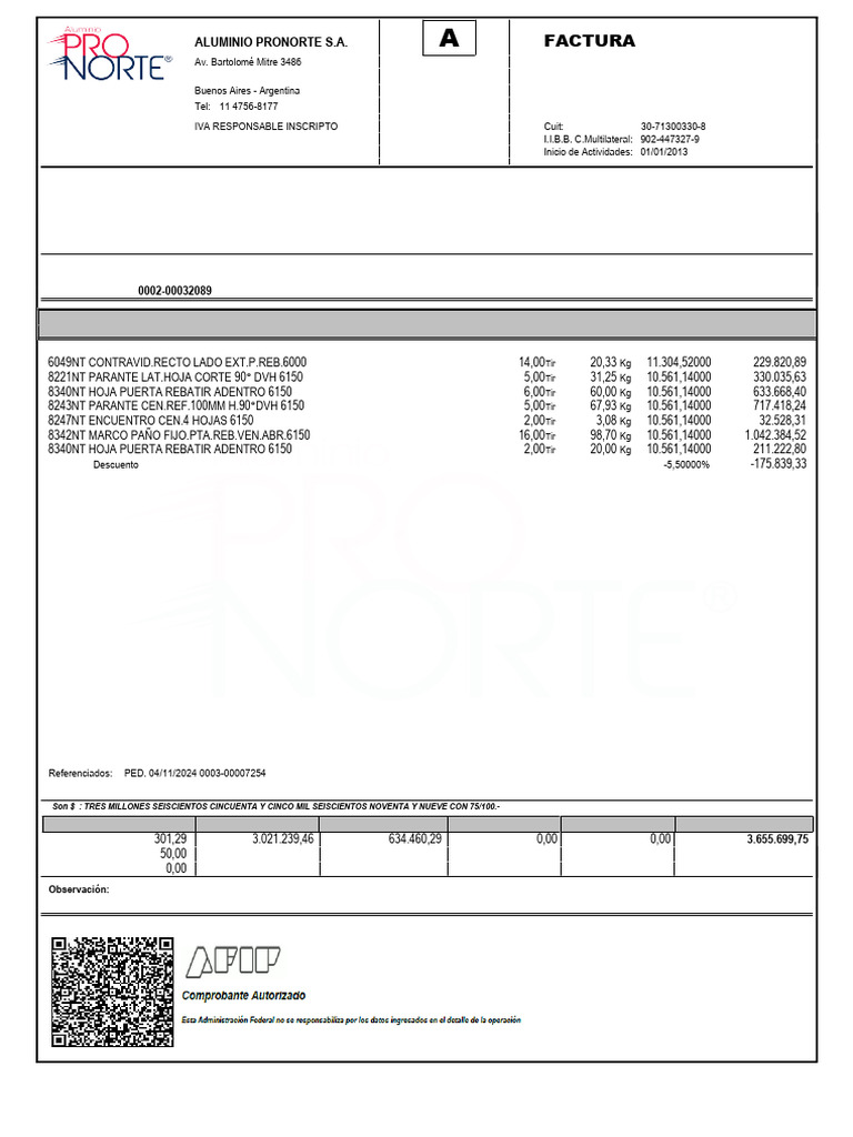 Factura de Aluminio Pronorte S.A. | PDF