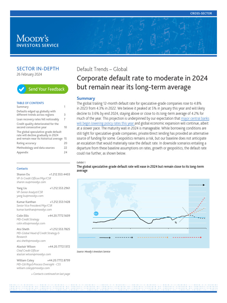 2024 Moody Prob Default & Recovery | PDF | Debt | Bond Credit Rating
