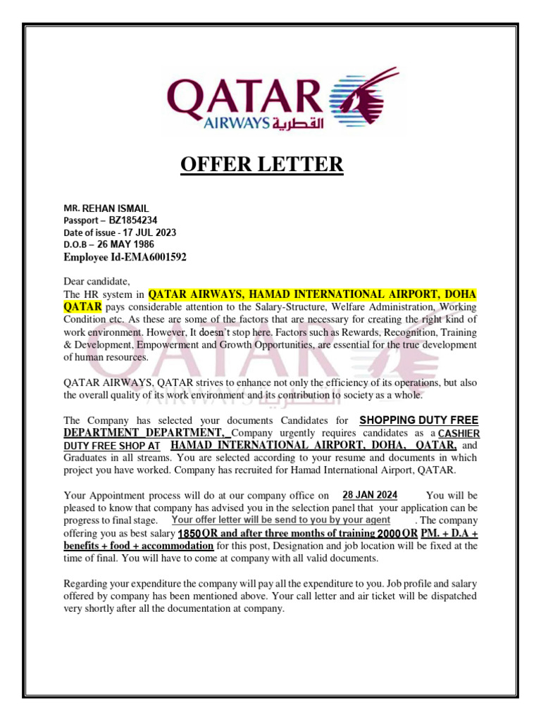 642196877-REHAN ISMAIL-Offer-Letter | PDF | Qatar | Human Resources