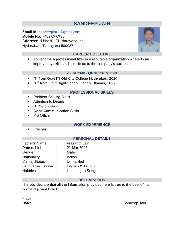 ITI Fitter Resume 2 | PDF