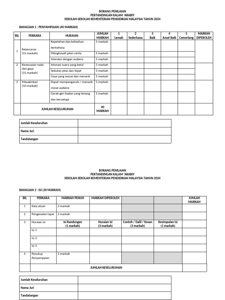 Borang Penilaian Kalam Arabi | PDF