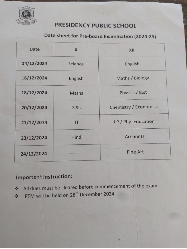 Date Sheet Pre Board | PDF