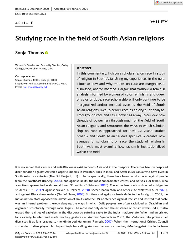 Religion Compass - 2021 - Thomas - Studying Race in The Field of South ...