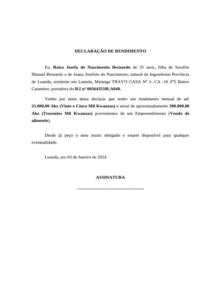 Declaração de Rendimento | PDF