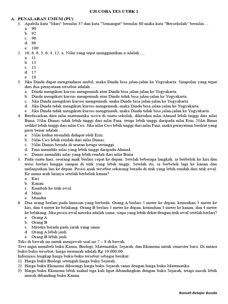 Uji Coba Tes Utbk 1 | PDF