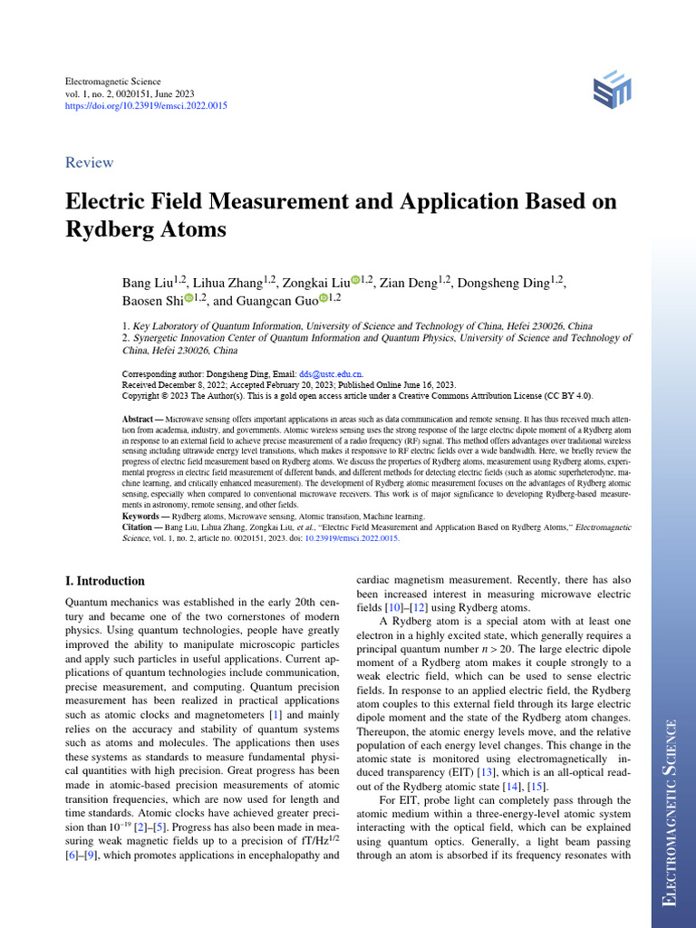 Electric Field Measurement and Application Based On Rydberg Atoms | PDF | Energy Level | Atoms