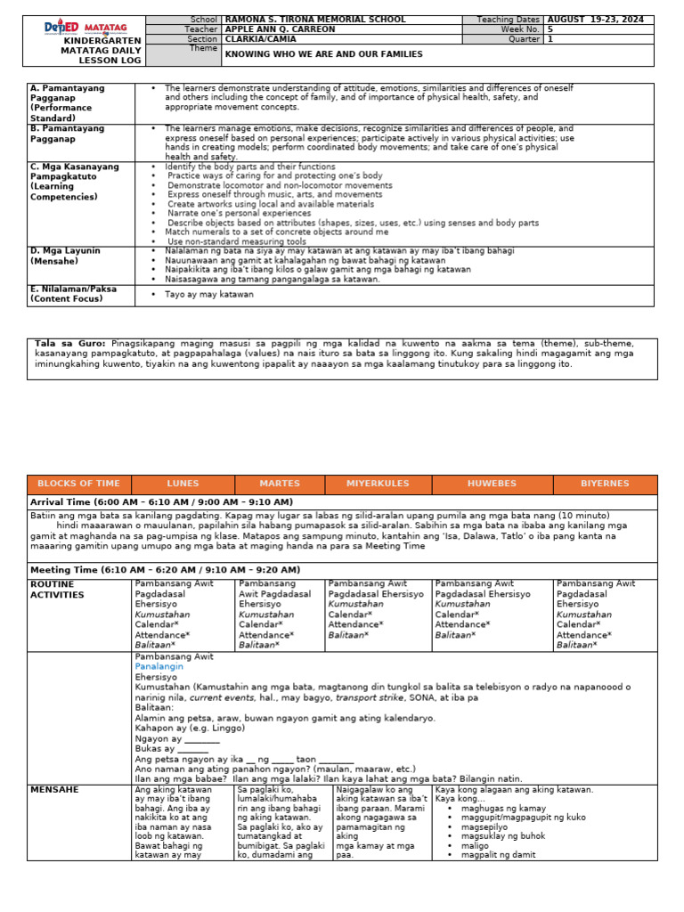 Q1-Week 5 Kinder-MATATAG-DLL Latest | PDF