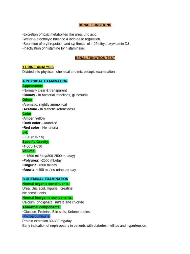 Renal Function Test Pdf Kidney Medical Specialties