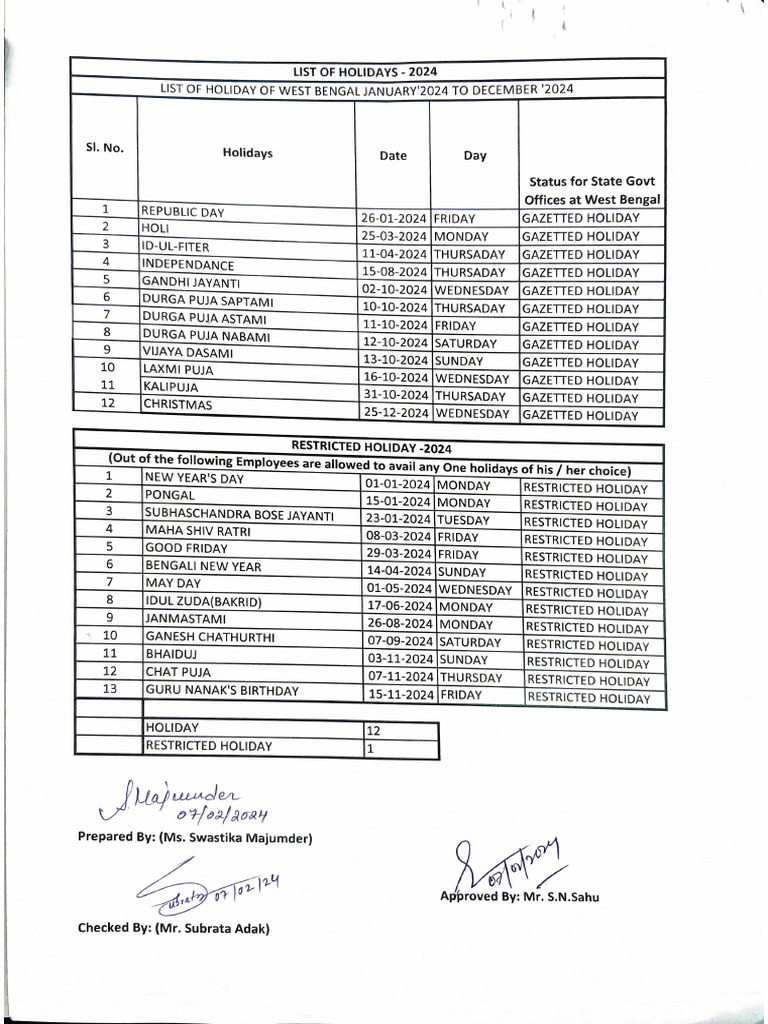 WB Holiday list 2024 | PDF