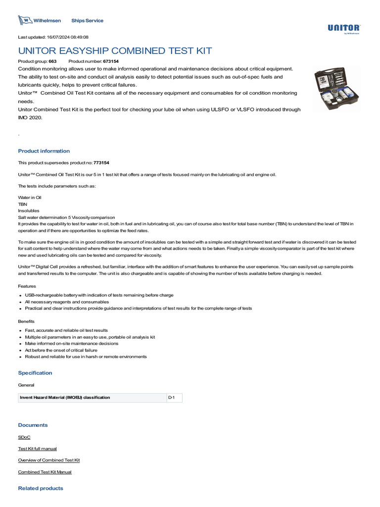 Unitor Easyship Combined Test Kit | PDF | Motor Oil | Lubricant