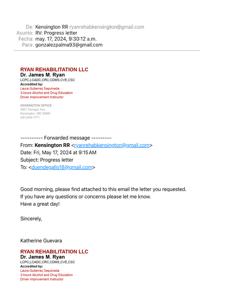 Ryan Rehabilitation Progress Letter | PDF
