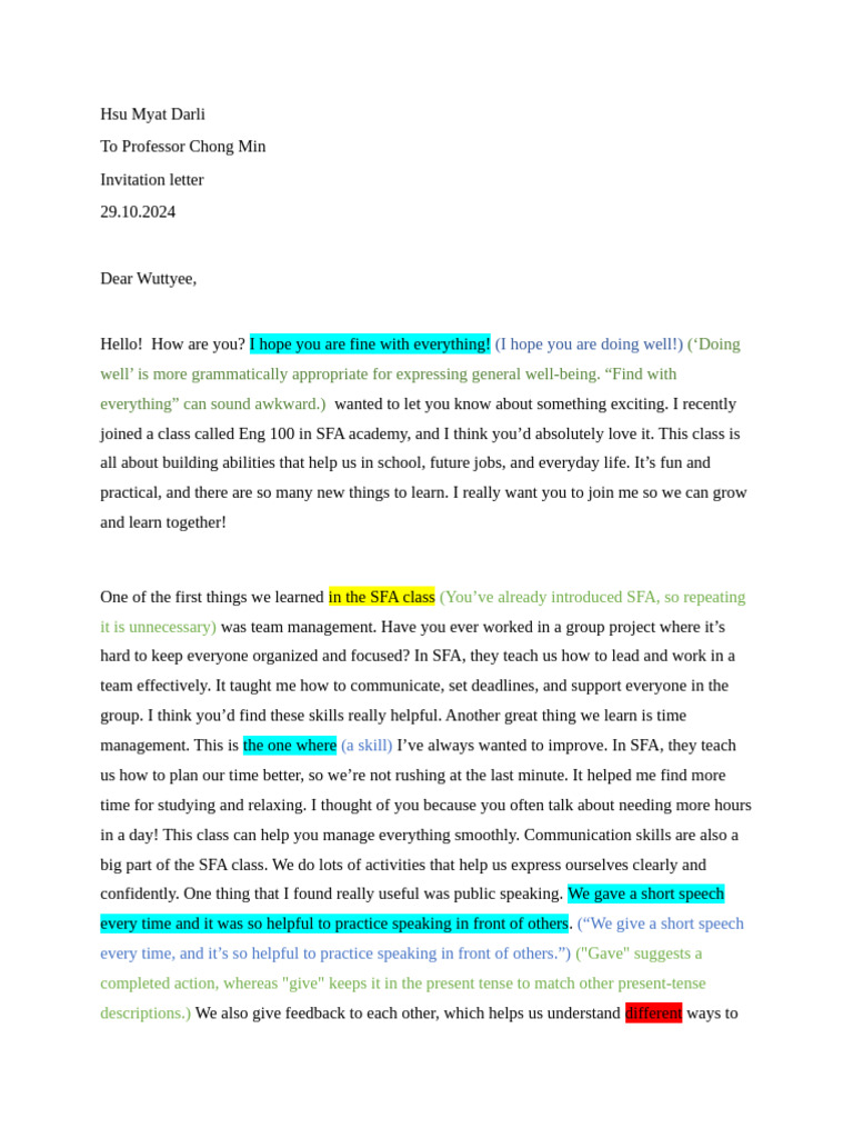 Hsu Myat Darli Feedback | PDF | Vocabulary | Thought