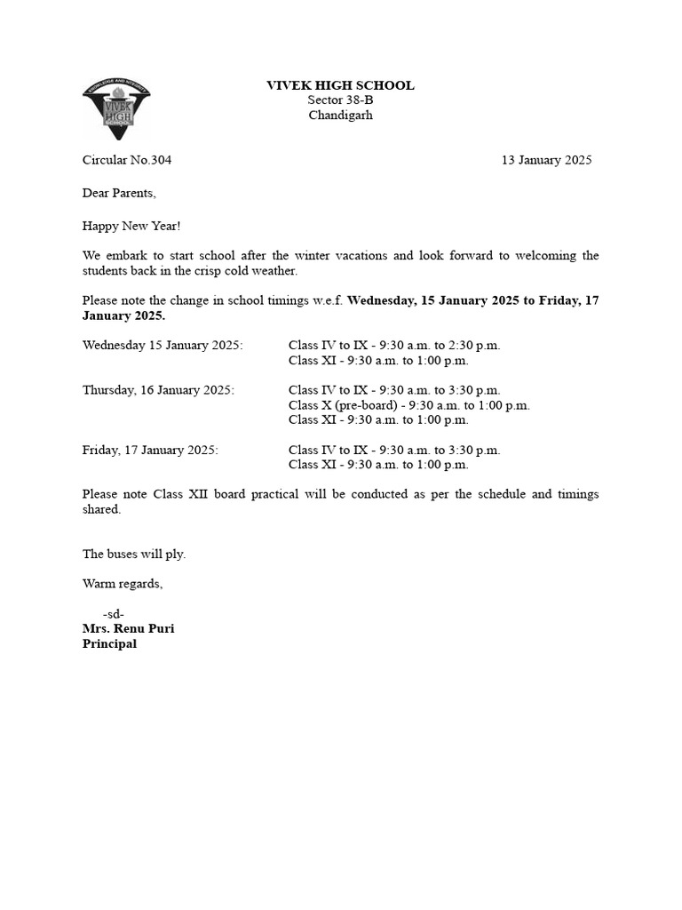 Circular 20250113131450 Circular No.304 - School Timing | PDF