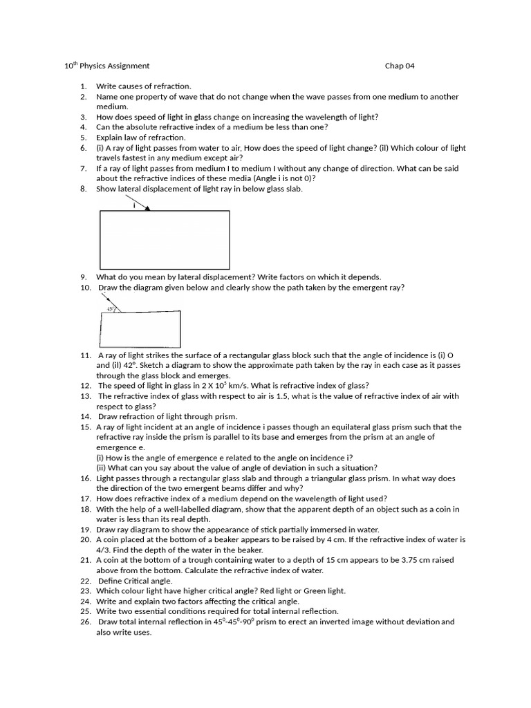 10th Physics Assignment Chap 04 | PDF | Refraction | Refractive Index
