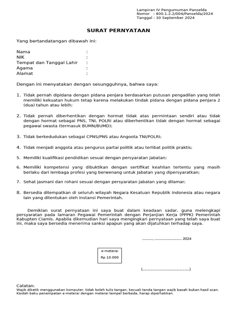 04.-Lampiran-IV-Format-Surat-Pernyataan-Data-Diri-PPPK - 2024 | PDF