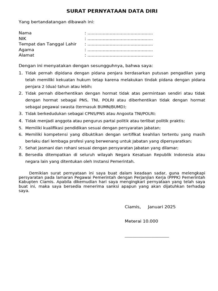 Surat Pernyataan Data Diri | PDF